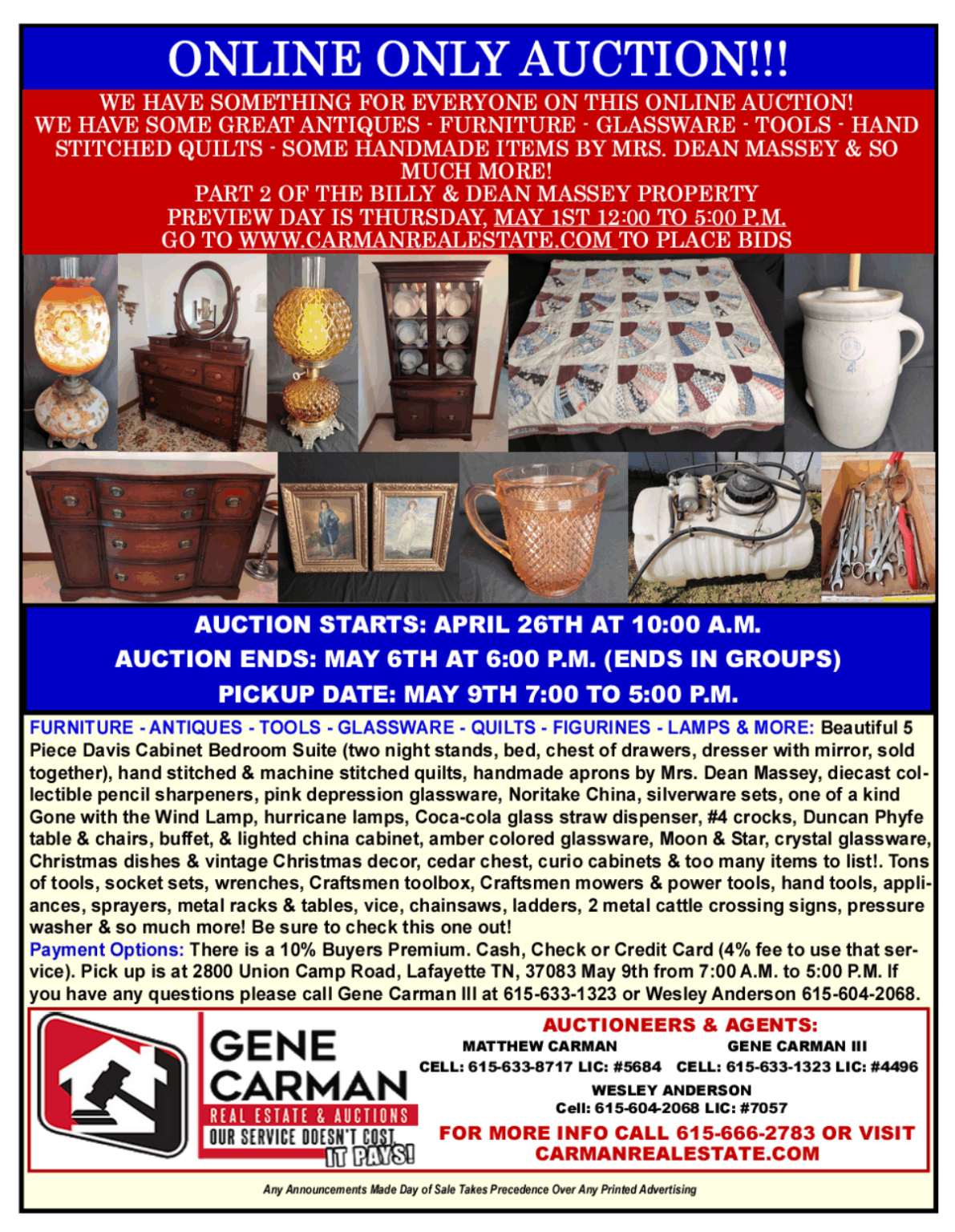ONLINE ONLY AUCTION – A PORTION OF THE BILLY & DEAN MASSEY ESTATE ...